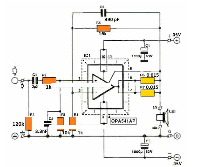 基于OPA541的100至160W功率放大器电路–电路图–电子工程世界