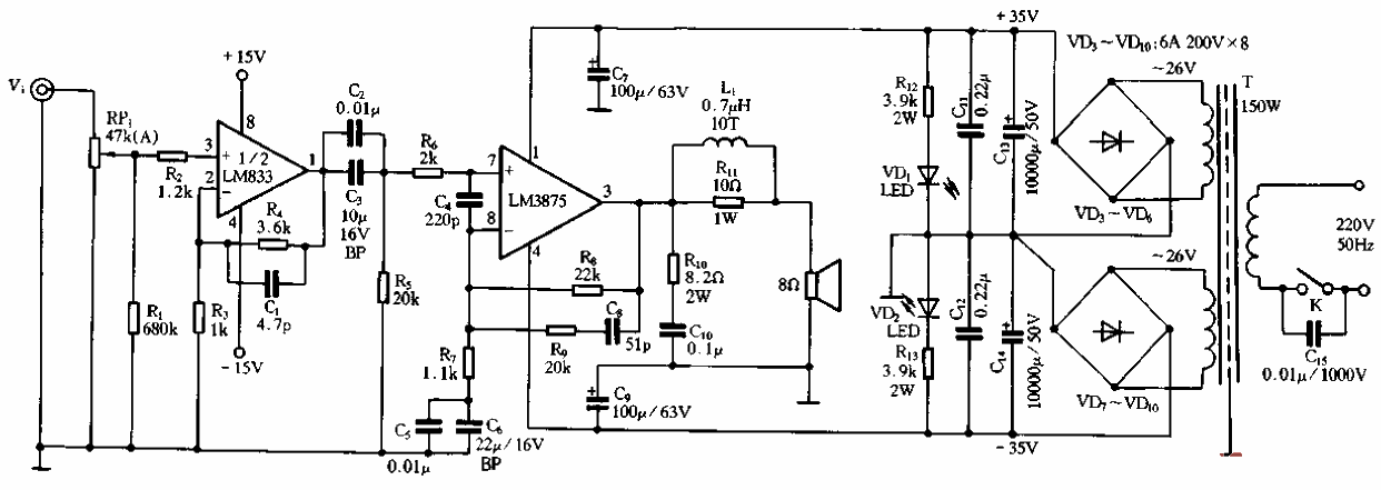 LM3875组成的40W功放–电路图–电子工程世界