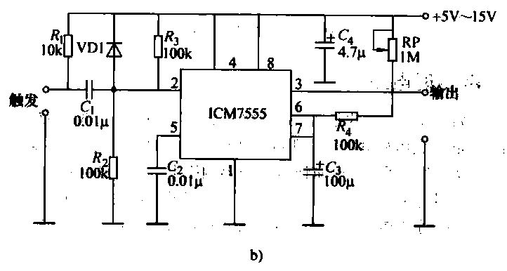 CMOS的555（ICM7555）构成的定时电路b–电路图–电子工程世界