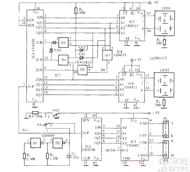 CD4520、CD4511、CD4067数显式自动巡检电路图–电路图–电子工程世界